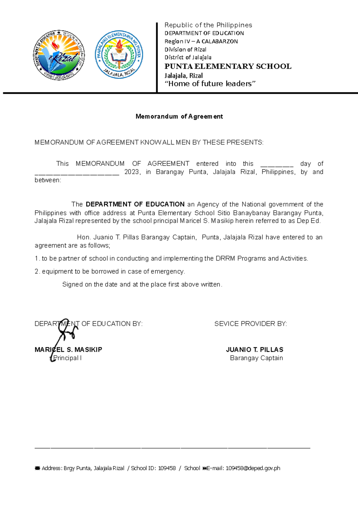 Memorandum of Agreement DRRM - Republic of the Philippines DEPARTMENT ...