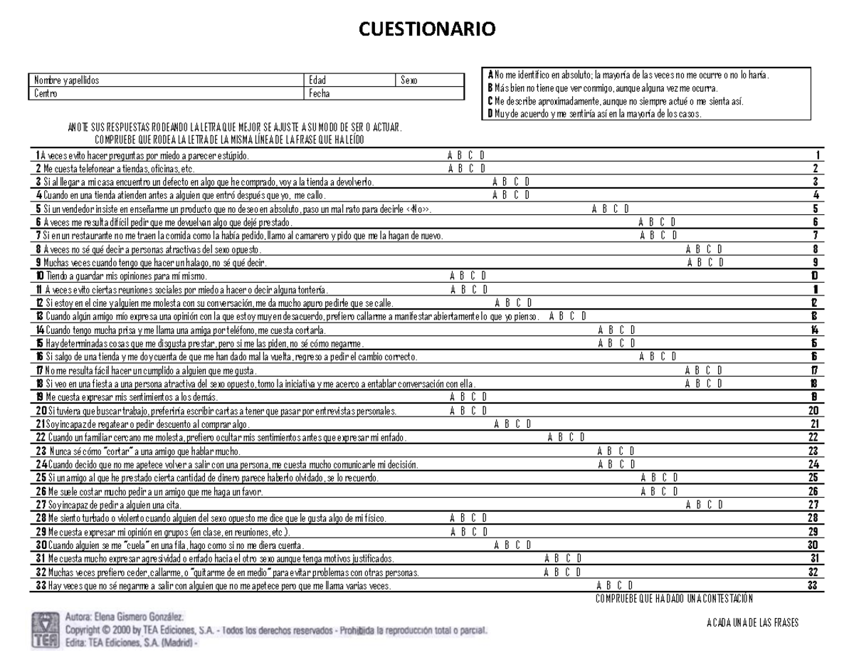 Cuestionario EHS - CUESTIONARIO ANOTE SUS RESPUESTAS RODEANDO LA LETRA QUE MEJOR SE AJUSTE A SU ...