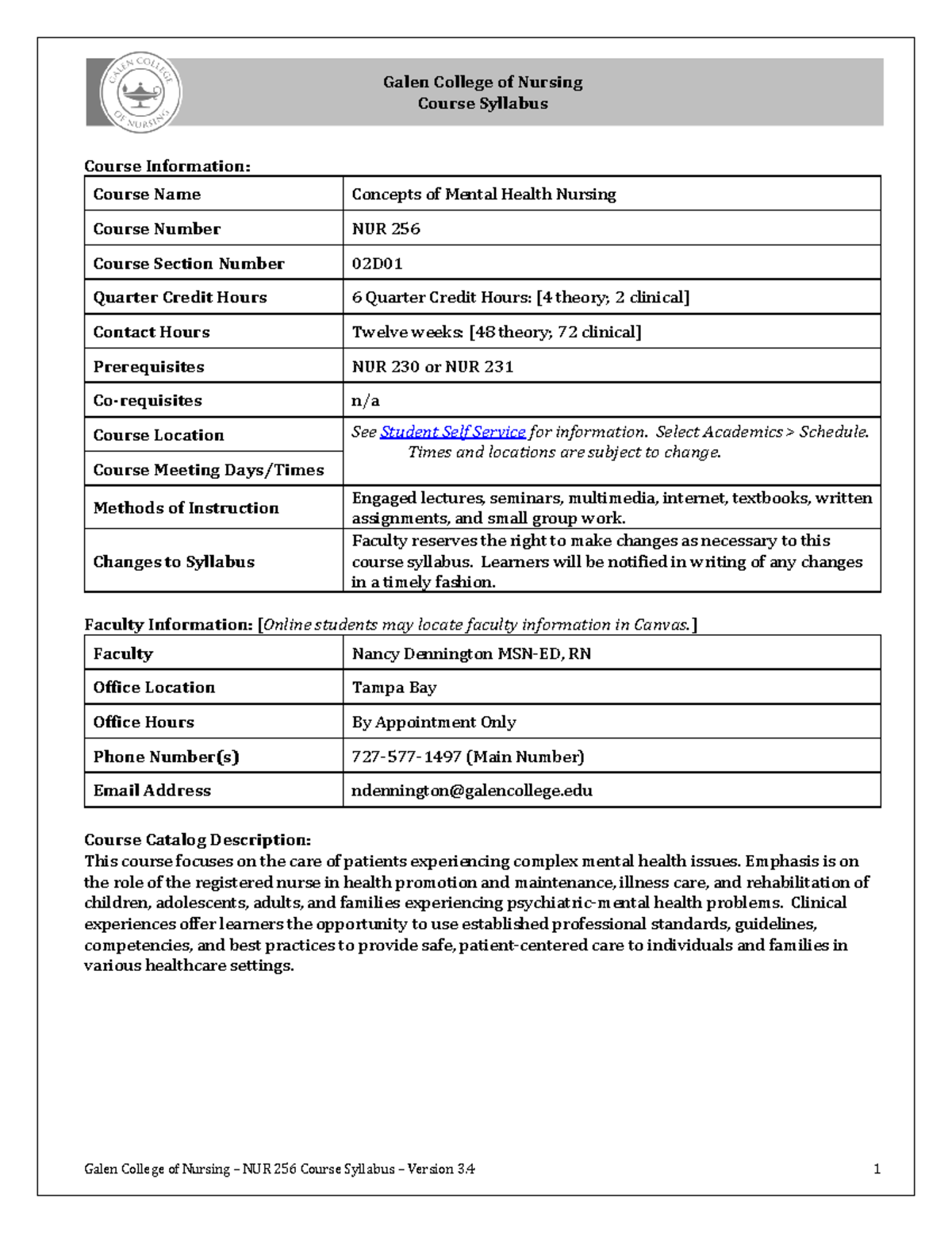 NUR 256 Syllabus Version - Galen College of Nursing Course Syllabus ...