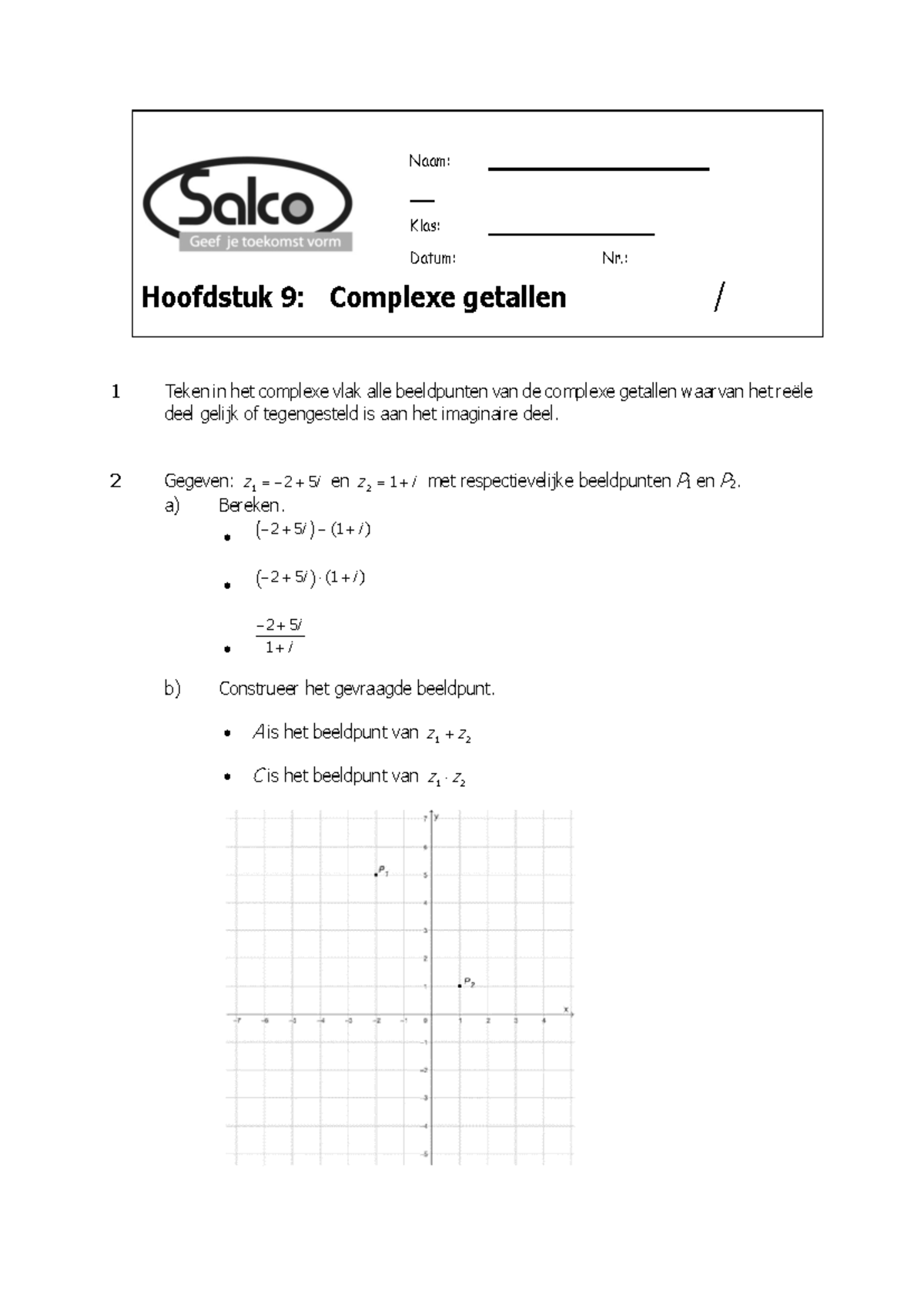 Oefentoets complexe getallen - Hoofdstuk 9 : Complexe getallen / 1 ...