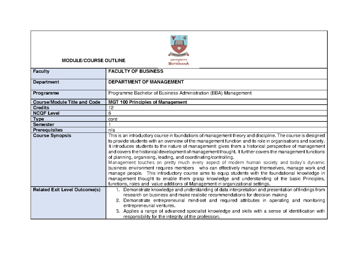 MGT100 Course Outline - MODULE/COURSE OUTLINE Faculty FACULTY OF ...