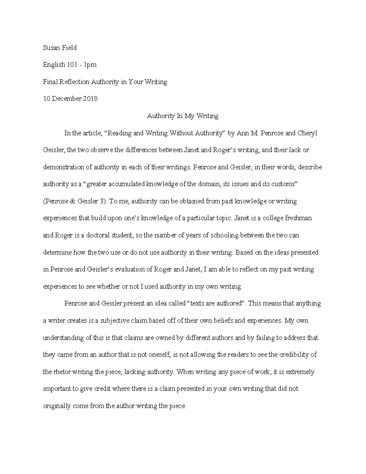 A16 Final Reflection Authority in Your Writing - Susan Field English ...