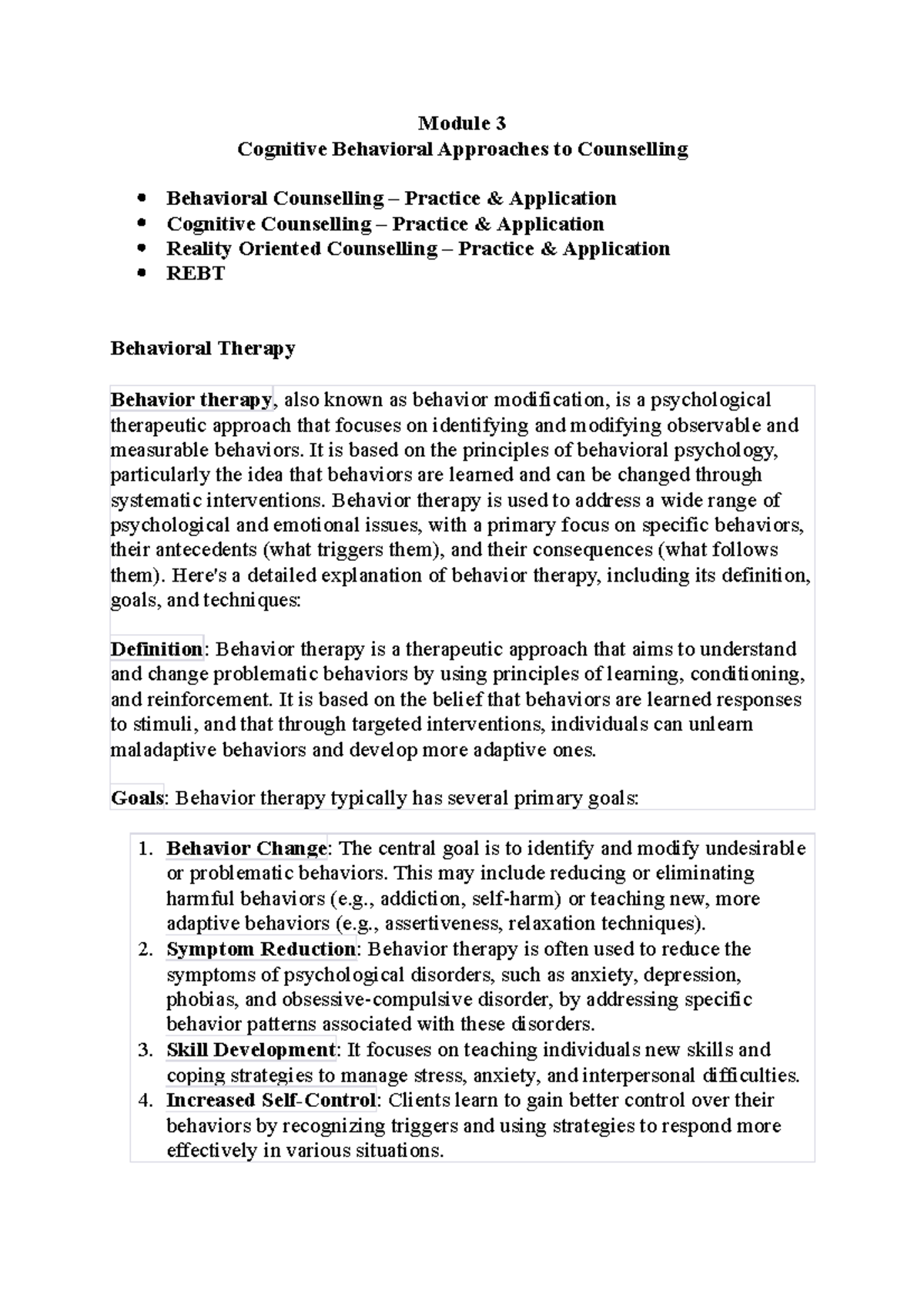 Counselling - Module 3 - Module 3 Cognitive Behavioral Approaches to ...
