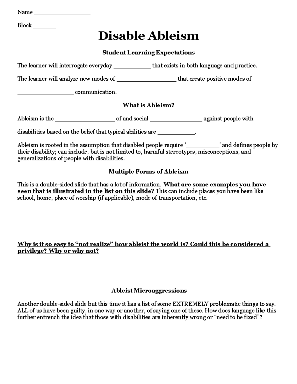 Disability Communication - Name _______________ Block ______ Disable Ableism Student Learning ...