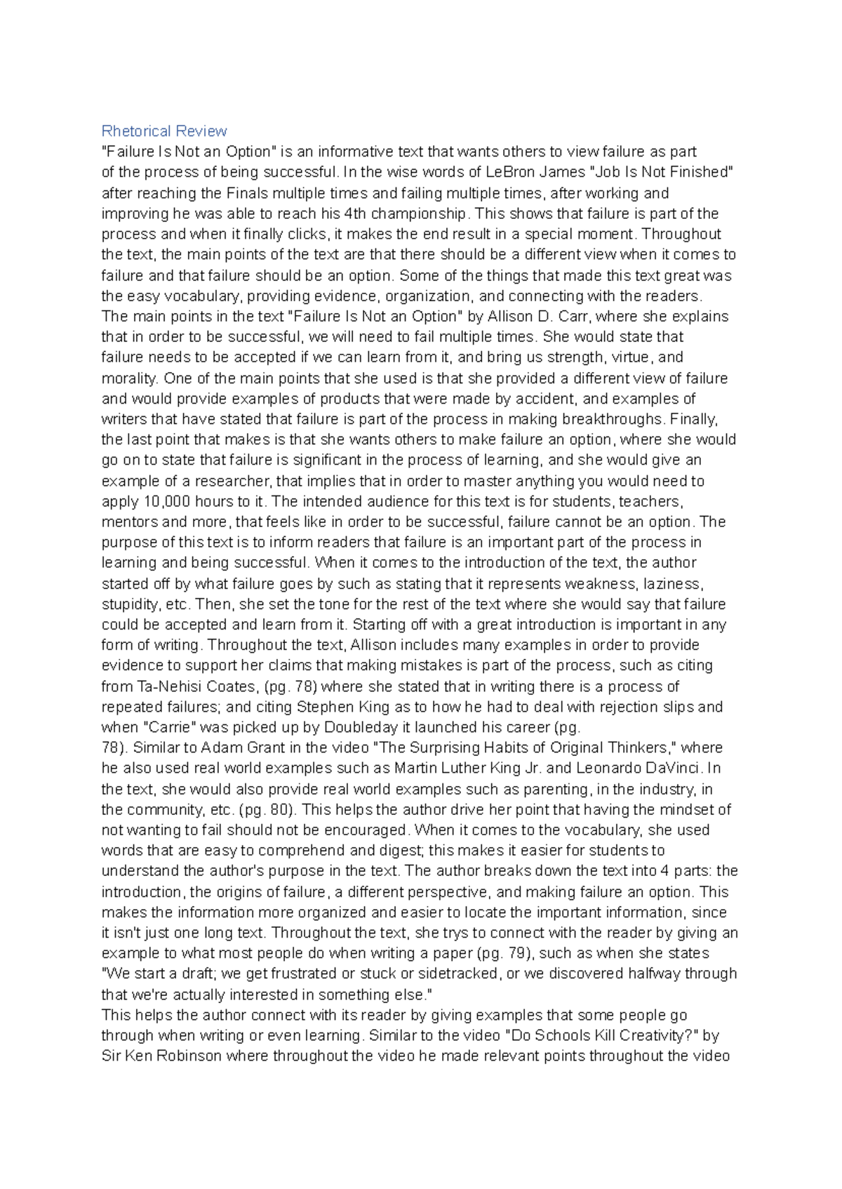 Rhetorical Review Example - Rhetorical Review "Failure Is Not an Option ...