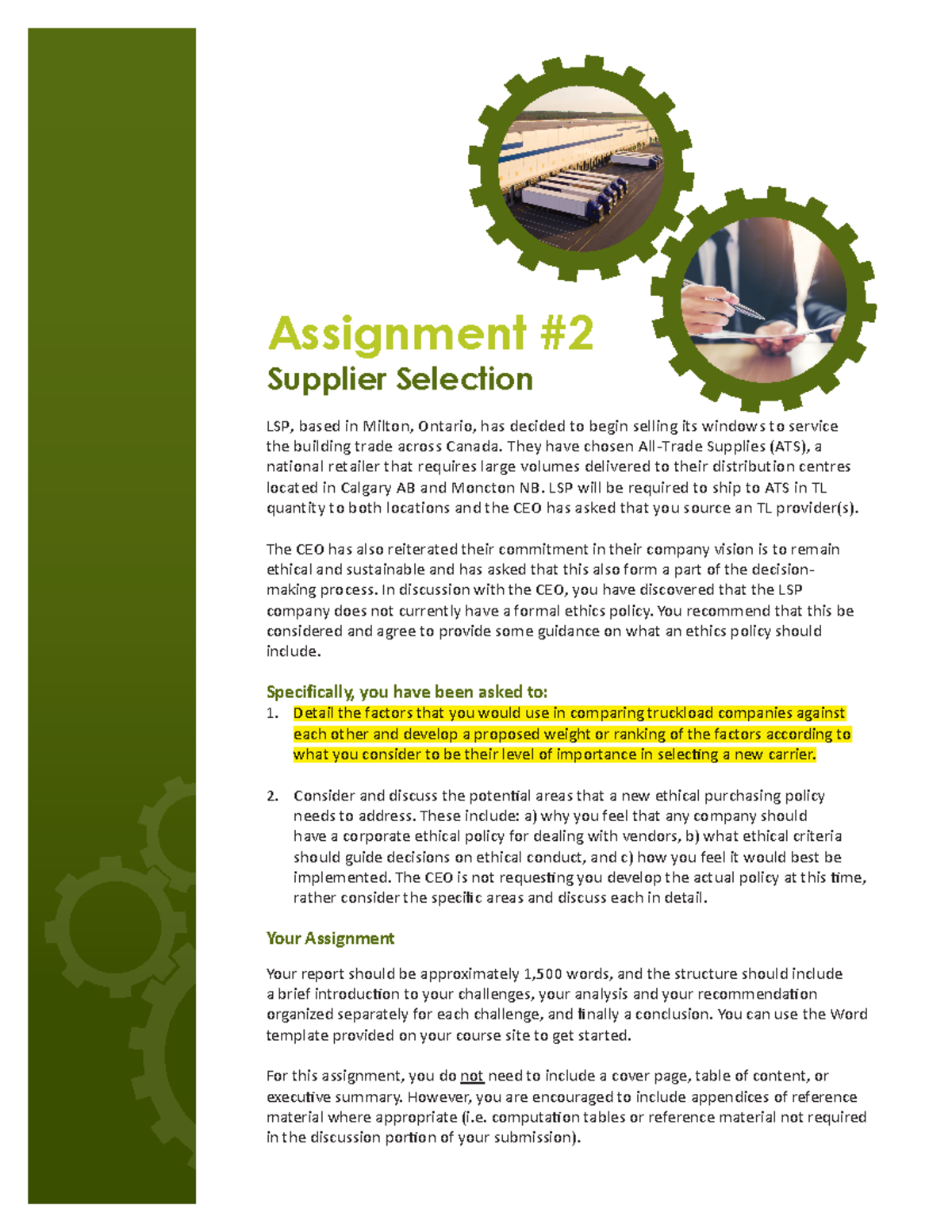 Logistics Processes - Business Case Assignment 2 - Assignment Supplier Selection LSP, based in ...