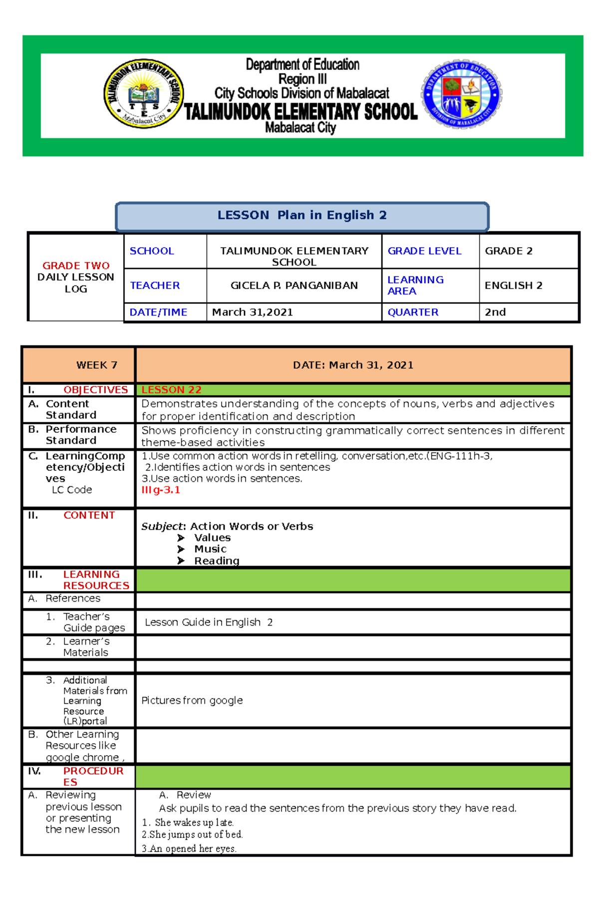 COT 2nd qtr G p panganiban - GRADE TWO DAILY LESSON LOG SCHOOL ...