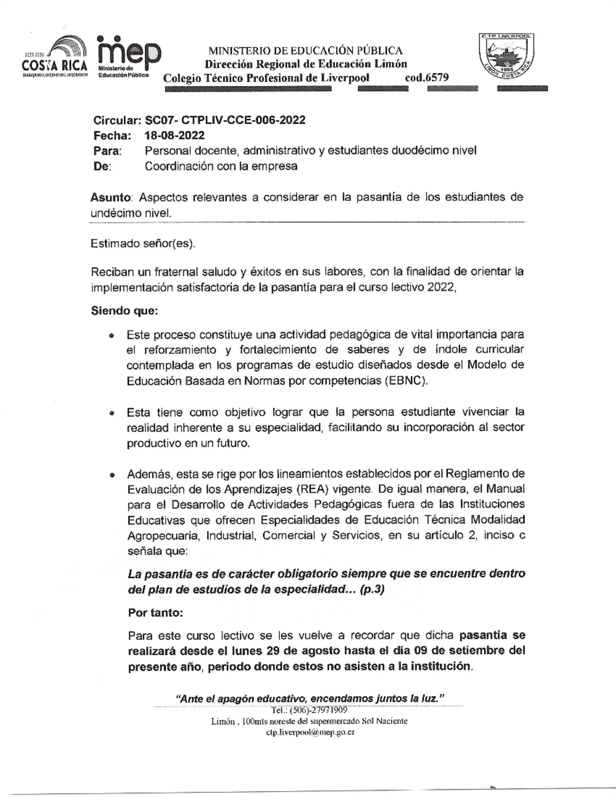 Aspectos DE Pasantias - C.T. LIVERPOOL COSTA RICA mep MINISTERIO DE ...