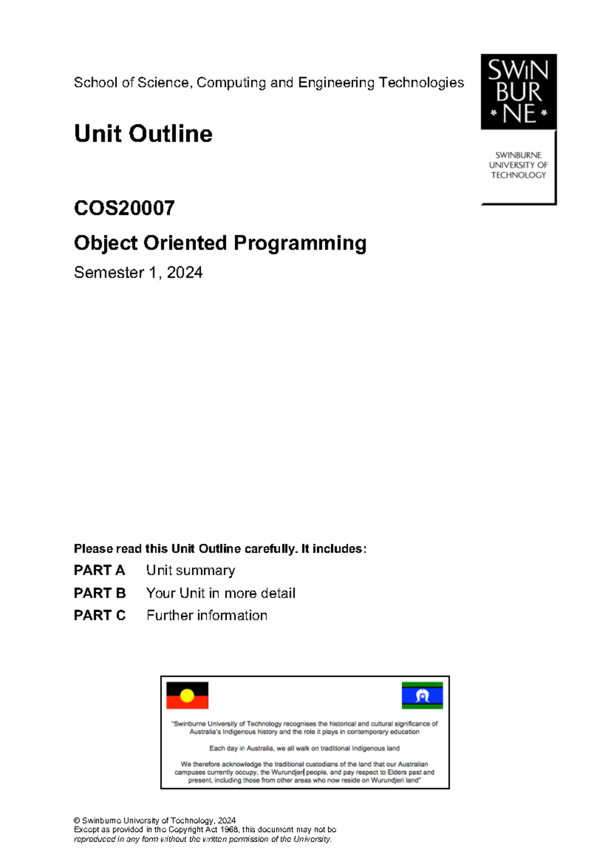 COS2000 7 Unit Outline Sem 1 2024 - © Swinburne University of Technology, 2024 Except as ...