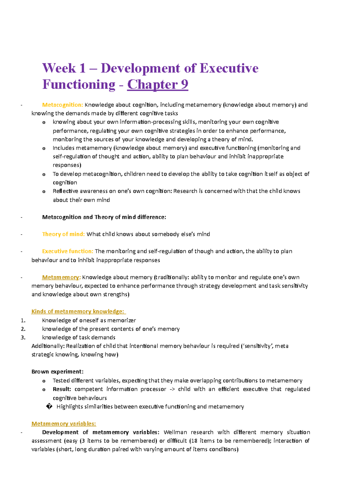 School Psy - Summary - Week 1 – Development of Executive Functioning ...