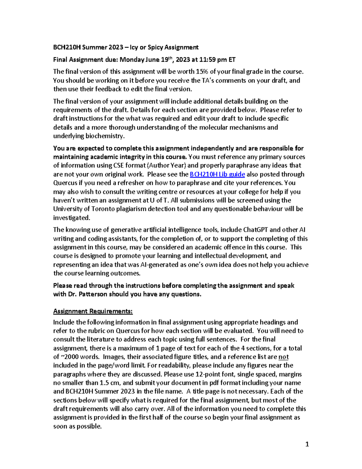 BCH210 - Icy or Spicy Assignment Instructions - 1 BCH210H Summer 2023 – Icy or Spicy Assignment ...