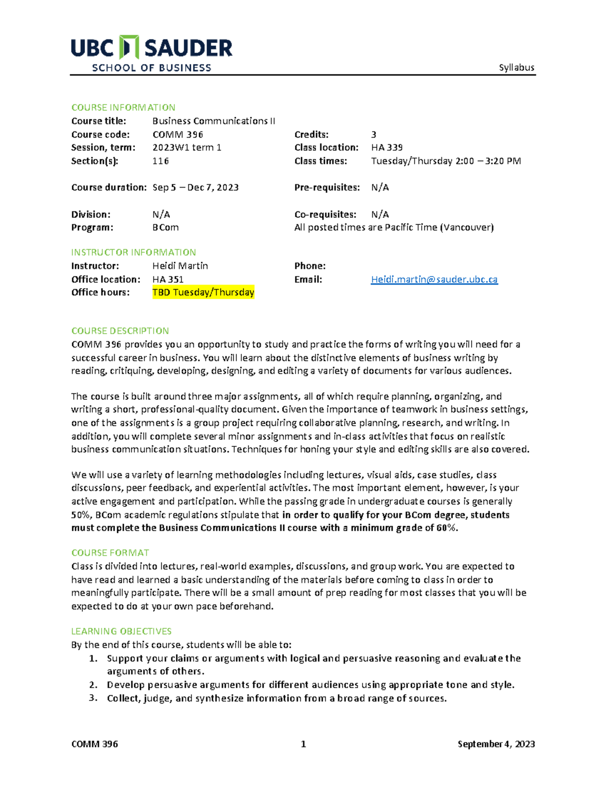 COMM 396 Syllabus - Summary Business Writing - COURSE INFORMATION ...
