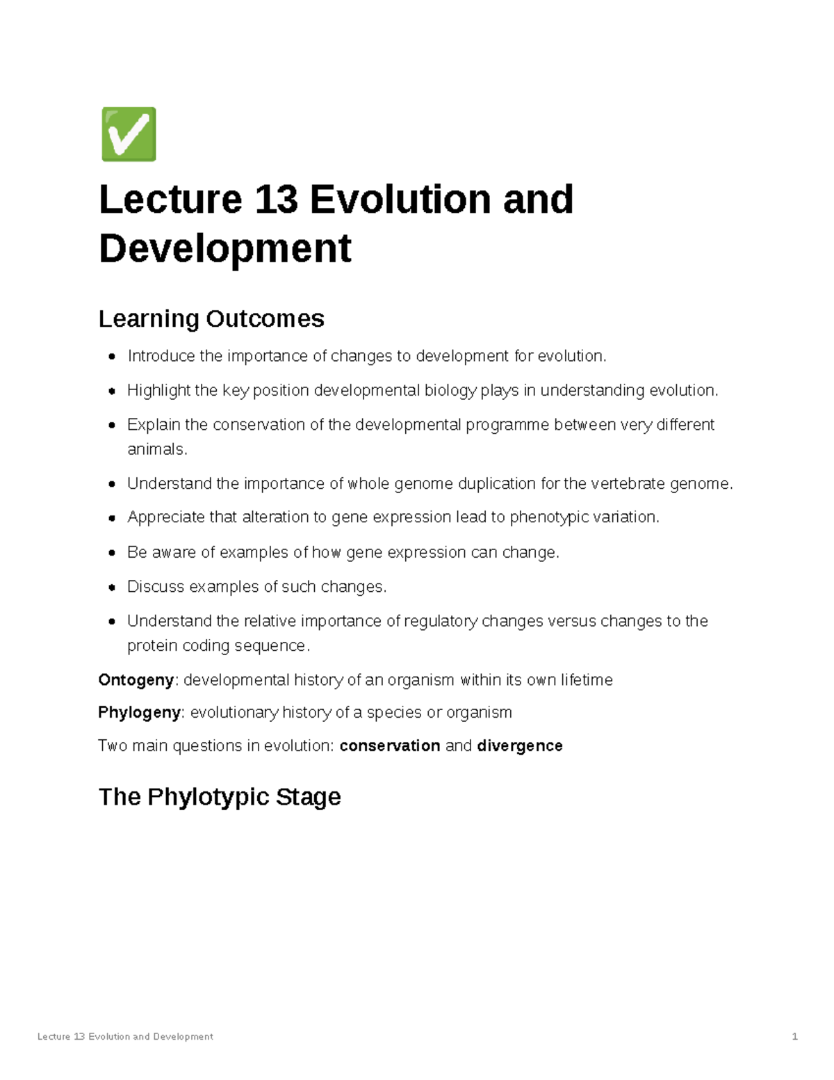 Lecture 13 Evolution and Development - Lecture 13 Evolution and ...