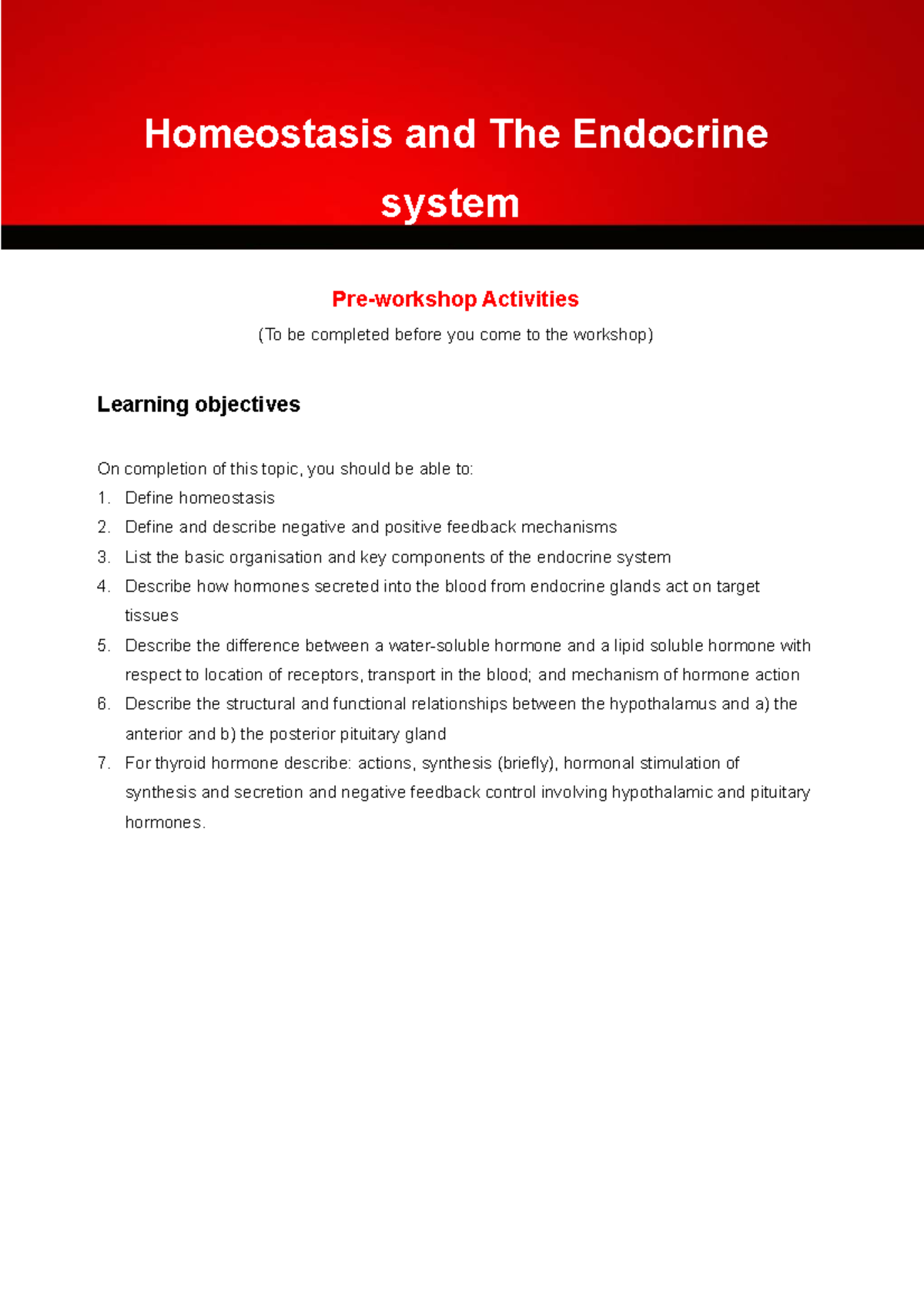 Workshop 4 - Homeostasis and The Endocrine system Facilitator Notes ...