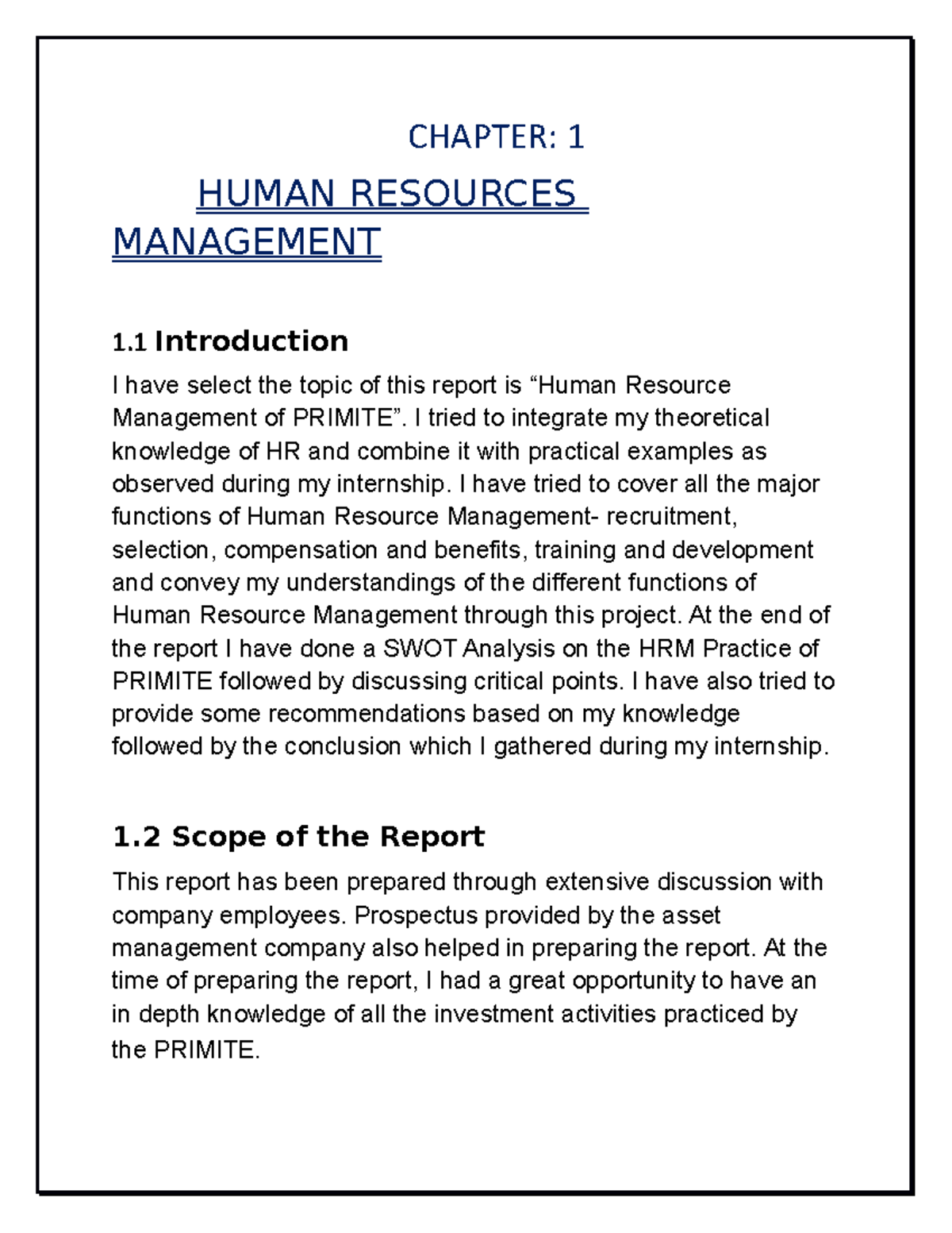 Project report on primite - CHAPTER: 1 HUMAN RESOURCES MANAGEMENT 1 ...