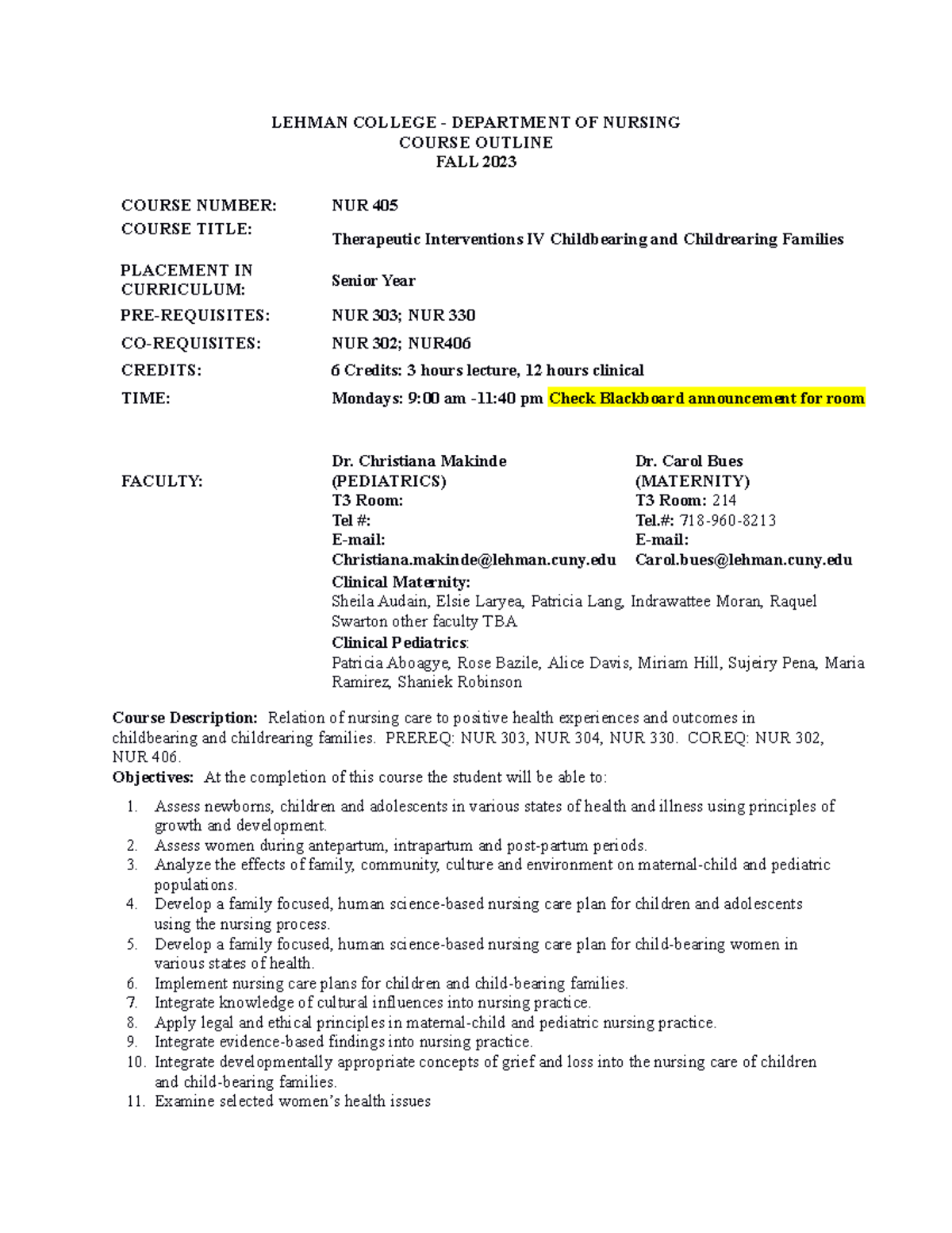 NUR405 revised doc CM 8 - NUR 405 Syllabus - LEHMAN COLLEGE - DEPARTMENT OF NURSING COURSE ...