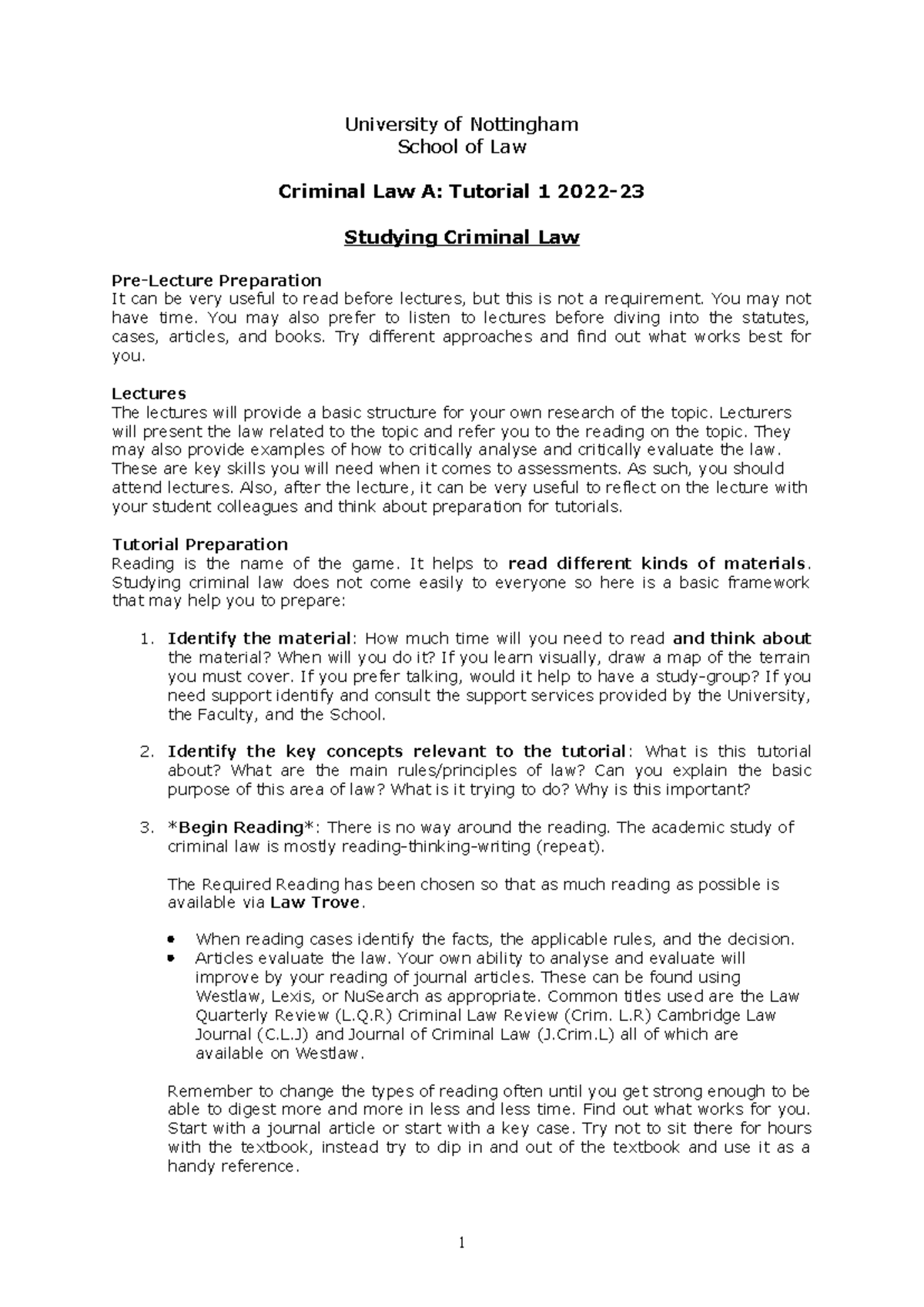 Tutorial 1 criminal - University of Nottingham School of Law Criminal ...