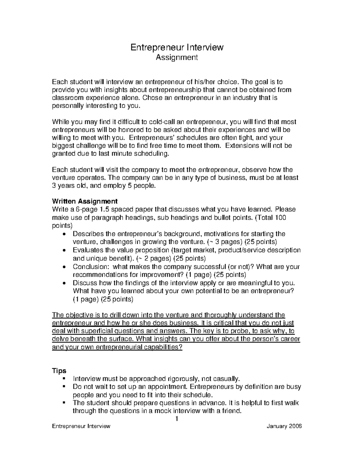 Entrepreneurinterview 2006 - 1 Entrepreneur Interview Assignment Each ...