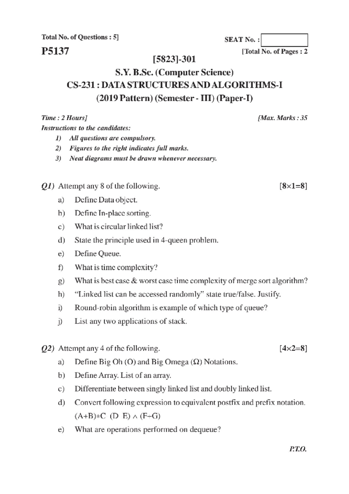 Sybsc(CS)3rd Semester - Total No. of Questions : SEAT No. : P5137 No. of Pages : 2 S. B ...