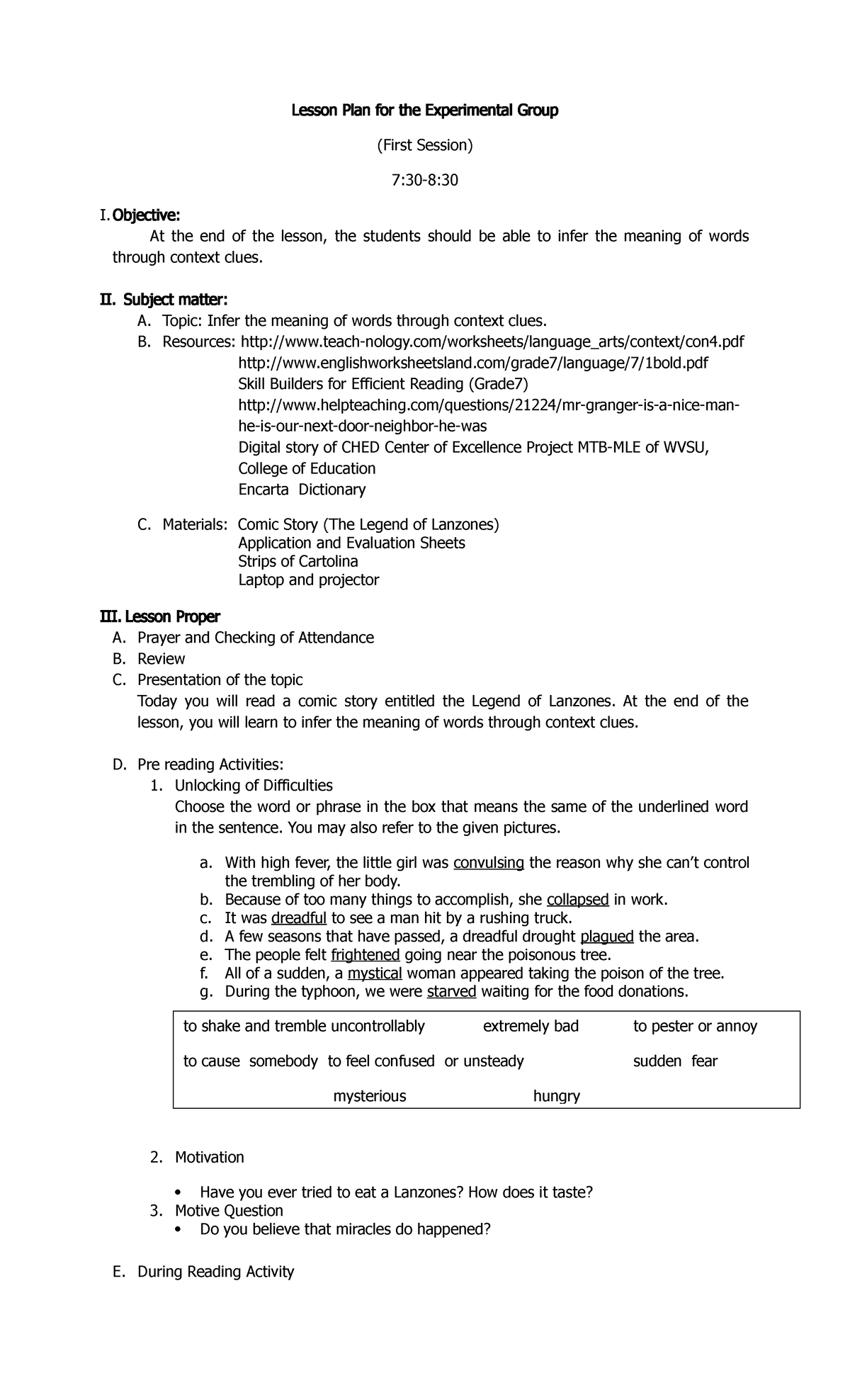 Lesson PLAN Reading - Lesson Plan for the Experimental Group (First ...