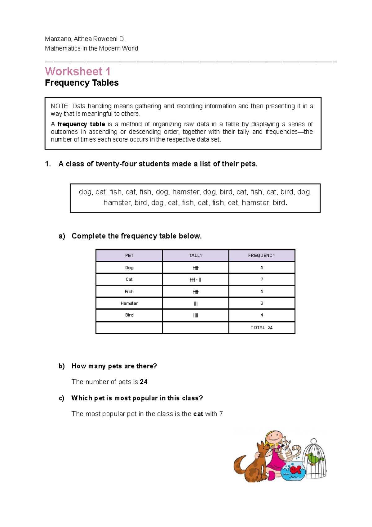 Frequency Distribution Worksheet - Manzano, Althea Roweeni D ...