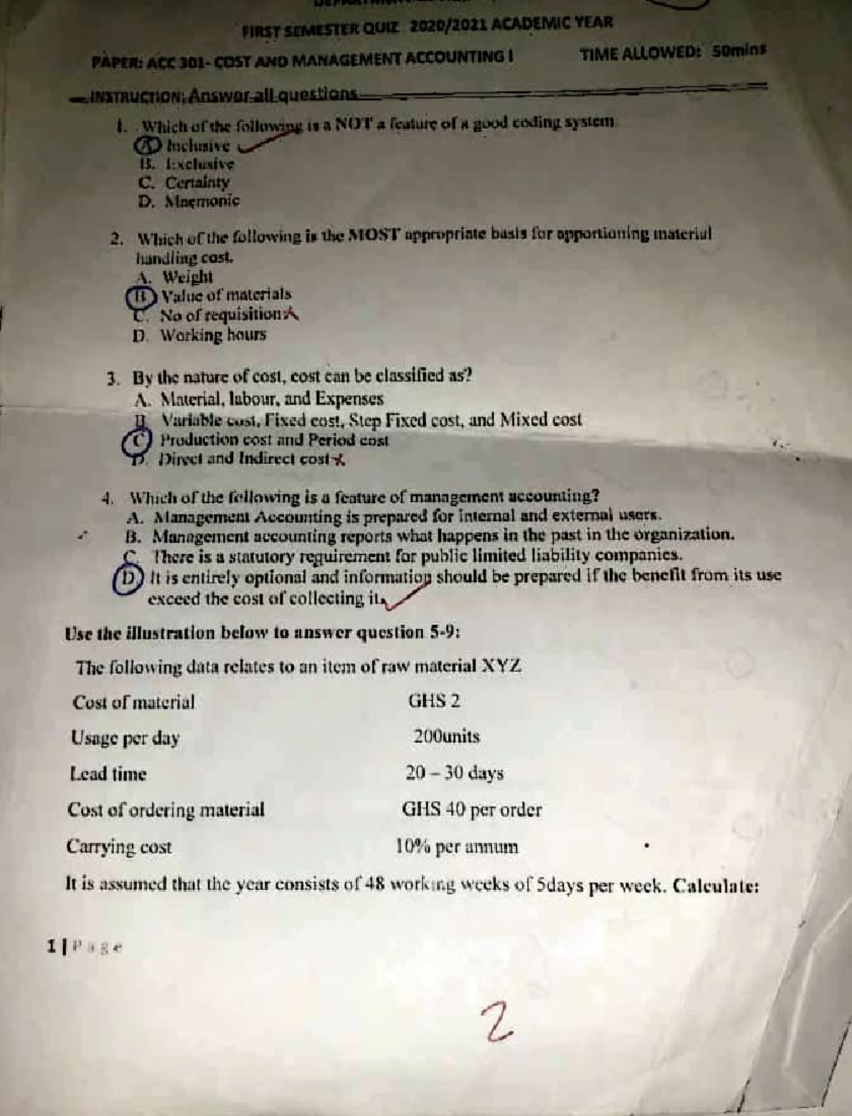 Quiz 1 costing - Aaa - FIRST SEMESTER QUZ 2020/2021 ACADEMIC YEAR TIME ...