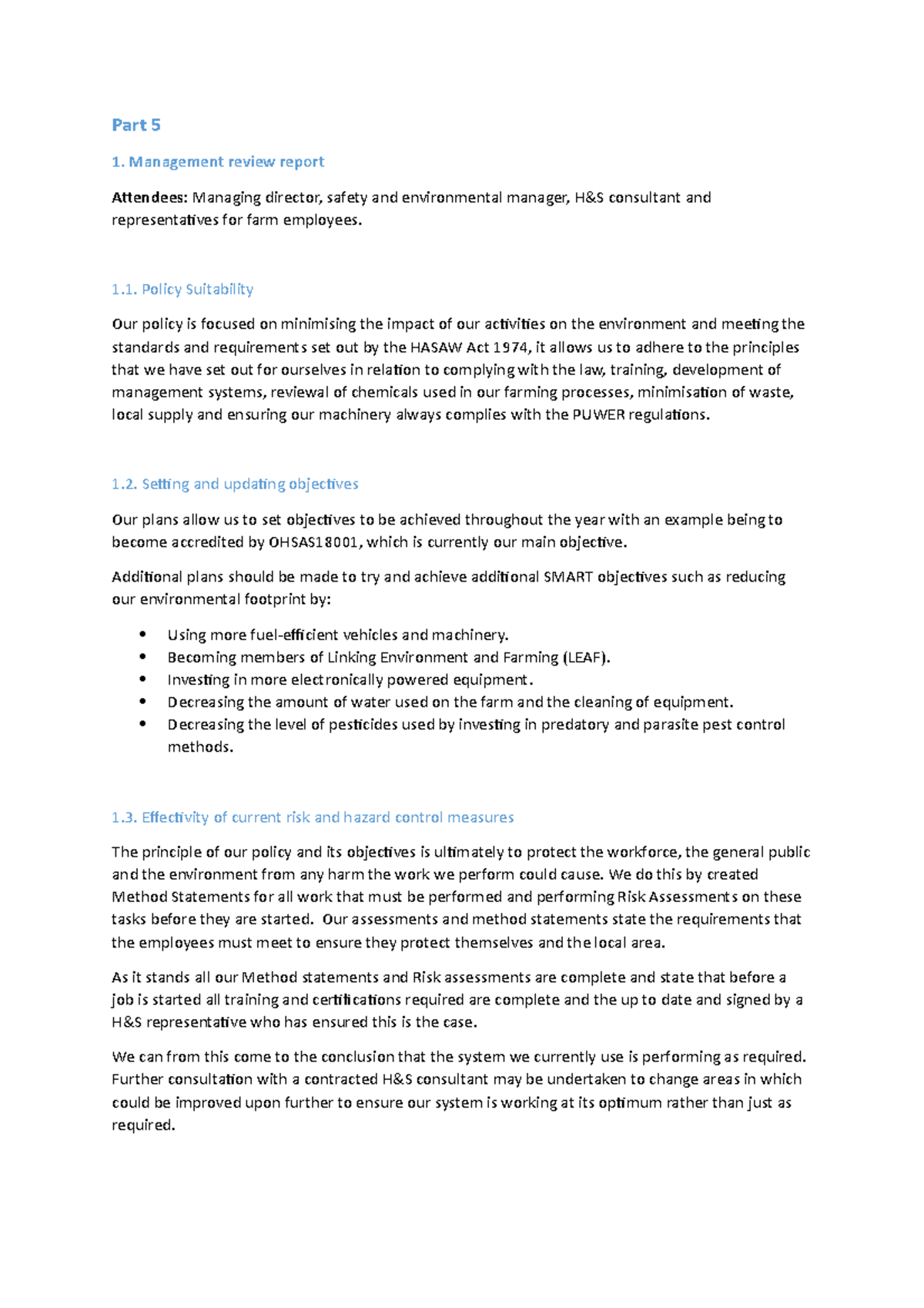 Management Review Report: Policy Objectives Risk Control Accident ...