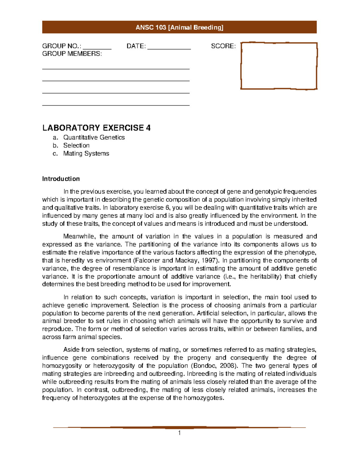 ANSC 103 Lab Ex 4. Quantitative Genetics, Selection, and Mating Systems ...