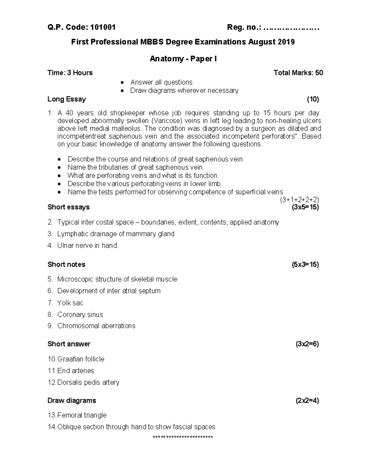 101001 - Question paper anatomy - Q. Code: 101001 Reg. no ...