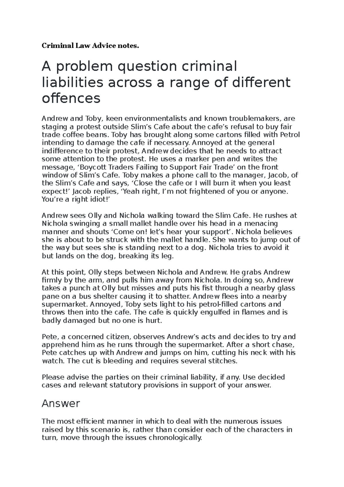 Criminal Law Advice notes - A problem question criminal liabilities ...
