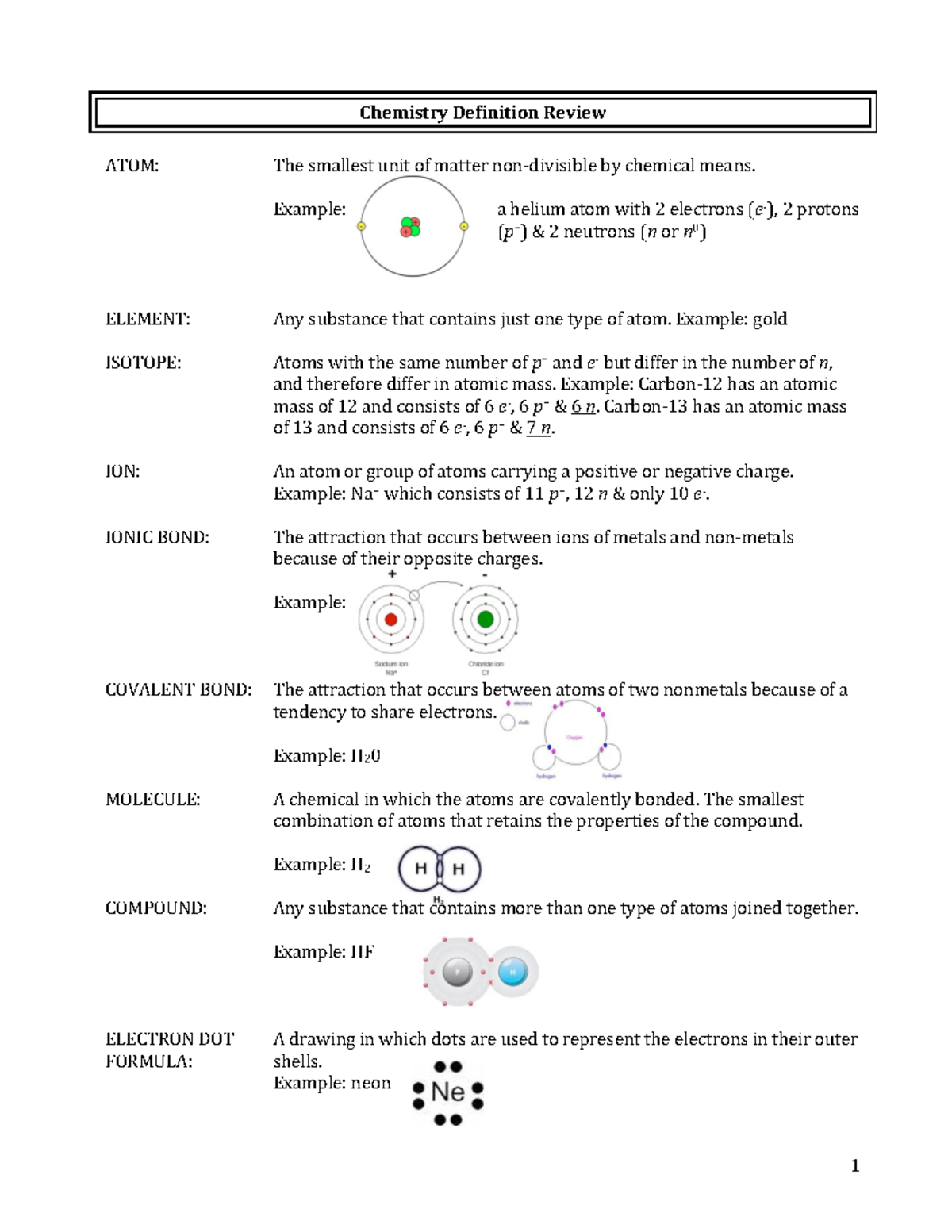 Bio 12 - 01 Chemistry Definition Review - 1 Chemistry Definition Review ...