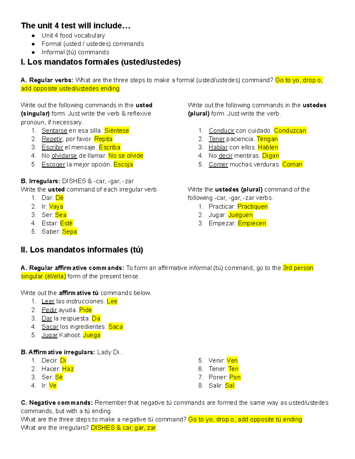 Sp. 3 Unit 4 Study Guide Answer KEY answer key to answers in the key ...