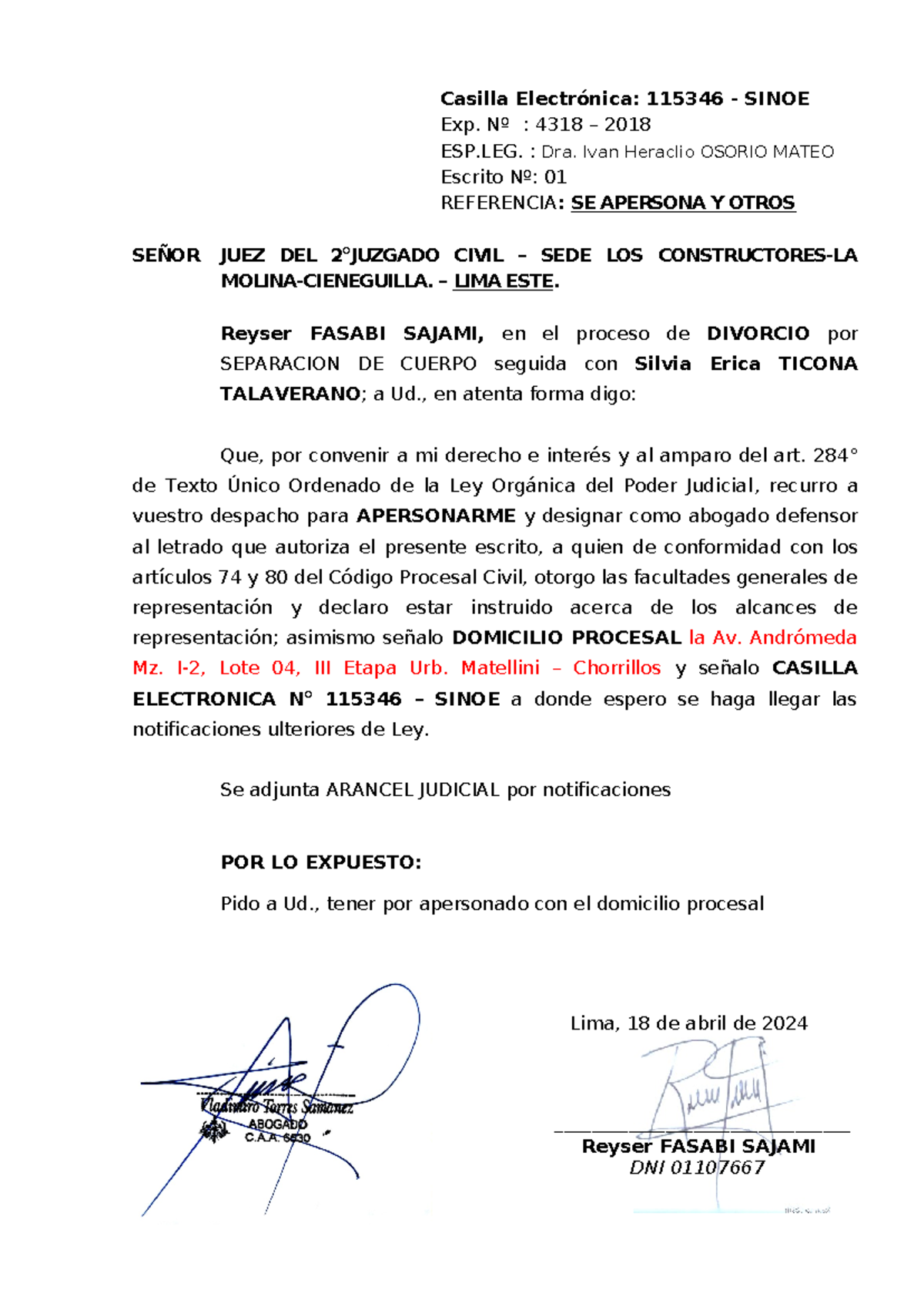 Apersonamiento Reyser Fasabi - Casilla Electrónica: 115346 - SINOE Exp ...