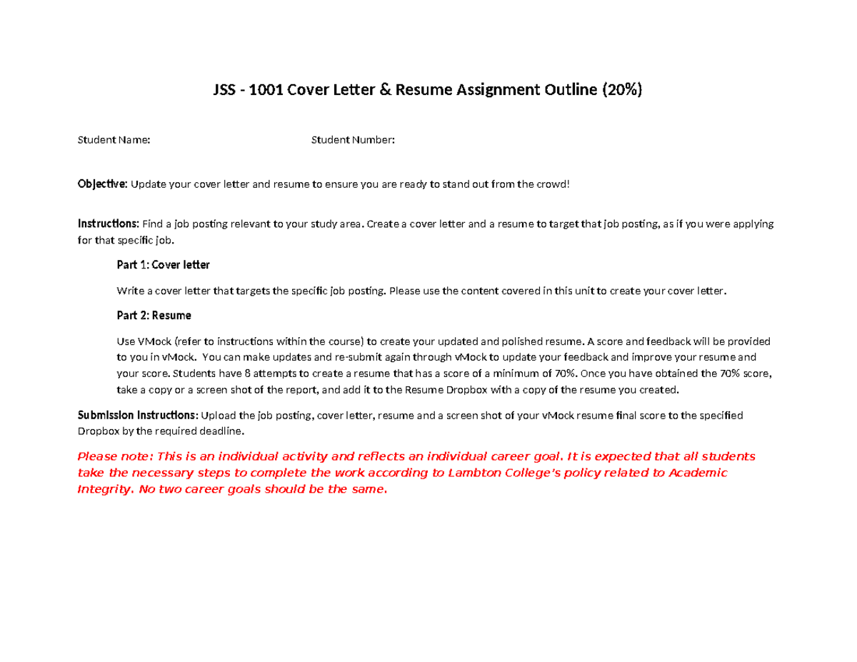 Week 5 - Cover Letter and Resume Assignment Outline v Mock - JSS - 1001 ...