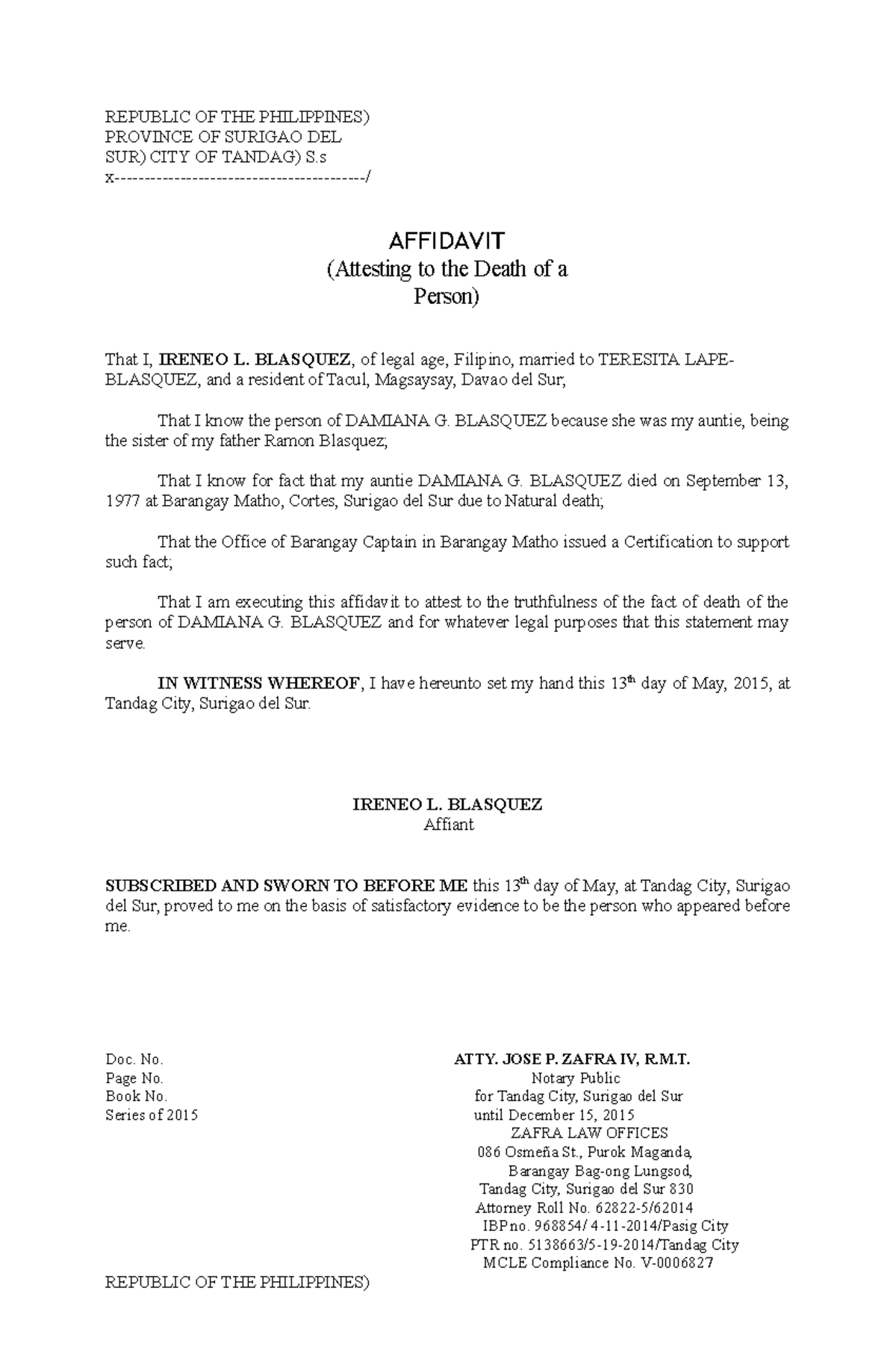 Scribfree - Sample document of an Affidavit of Death - REPUBLIC OF THE ...