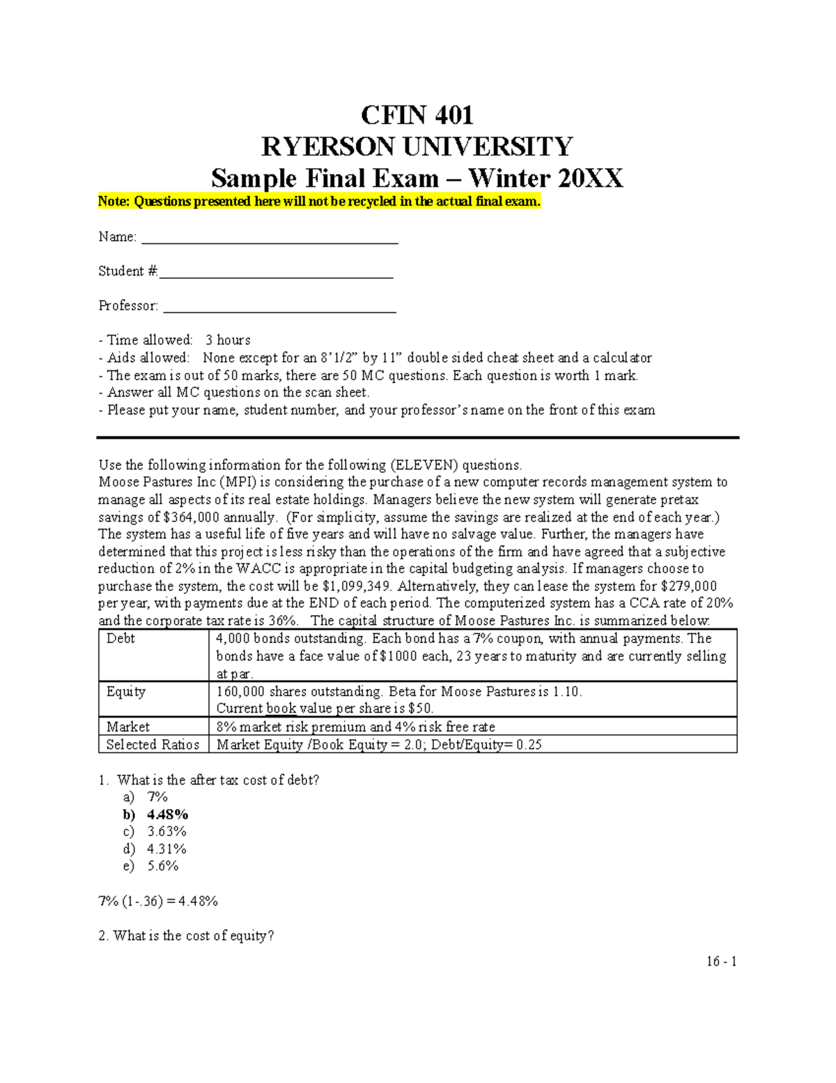 CFIN401 Final Exam Sample with Solution - CFIN 401 RYERSON UNIVERSITY ...