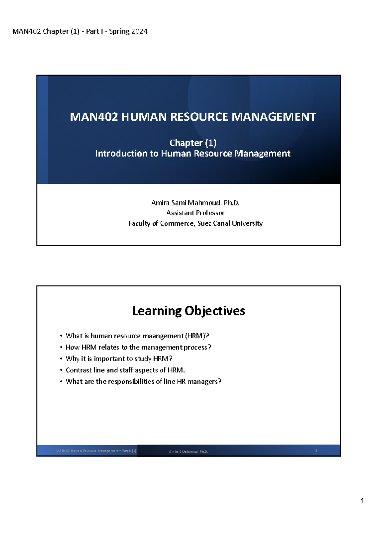 HRM - Week - ch1 - MAN402 HUMAN RESOURCE MANAGEMENT Chapter (1) Introduction to Human Resource ...