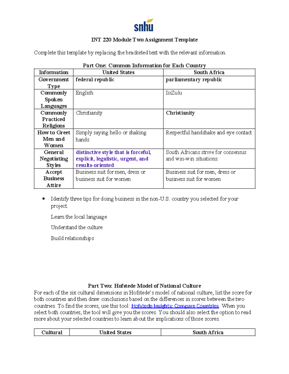 GDB-2-2 Assignment-Cultural Comparisons 1 - INT 220 Module Two Assignment Template Complete this ...