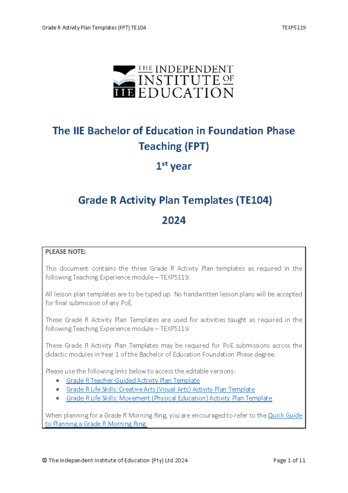 TEXP5119 TE104 Grade R Activity Plan Templates - The IIE Bachelor of ...