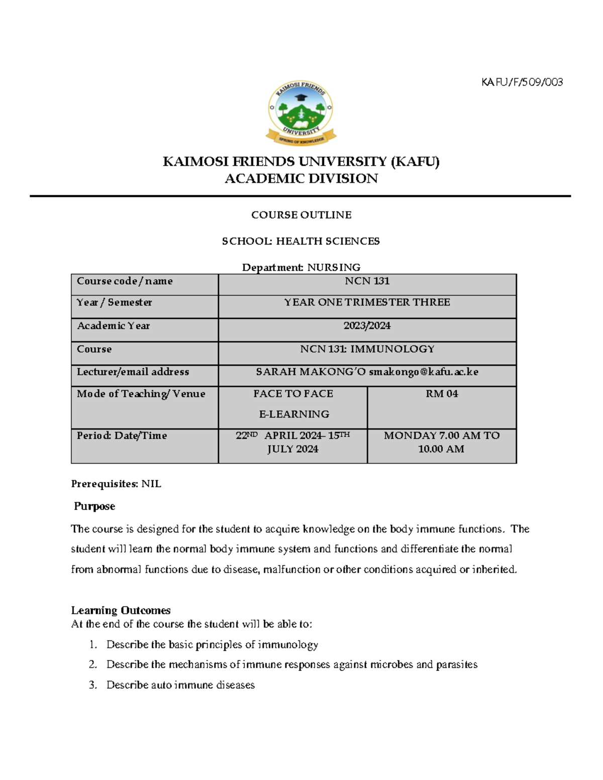 NCN 131 2023 2024 Course Outline - KAIMOSI FRIENDS UNIVERSITY (KAFU) ACADEMIC DIVISION COURSE ...