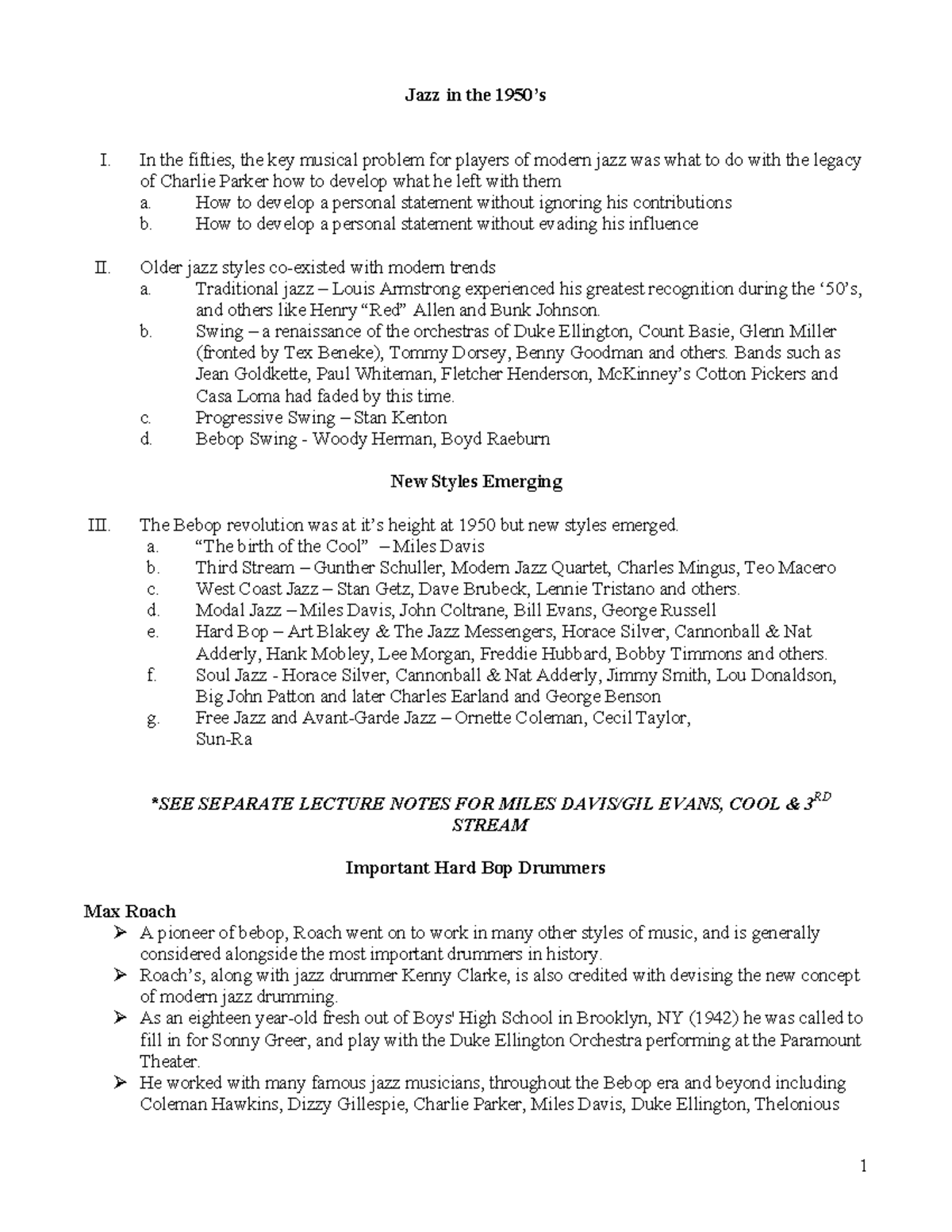 Jazz in the 1950's lecture notes - Jazz in the 1950’s I. In the fifties ...