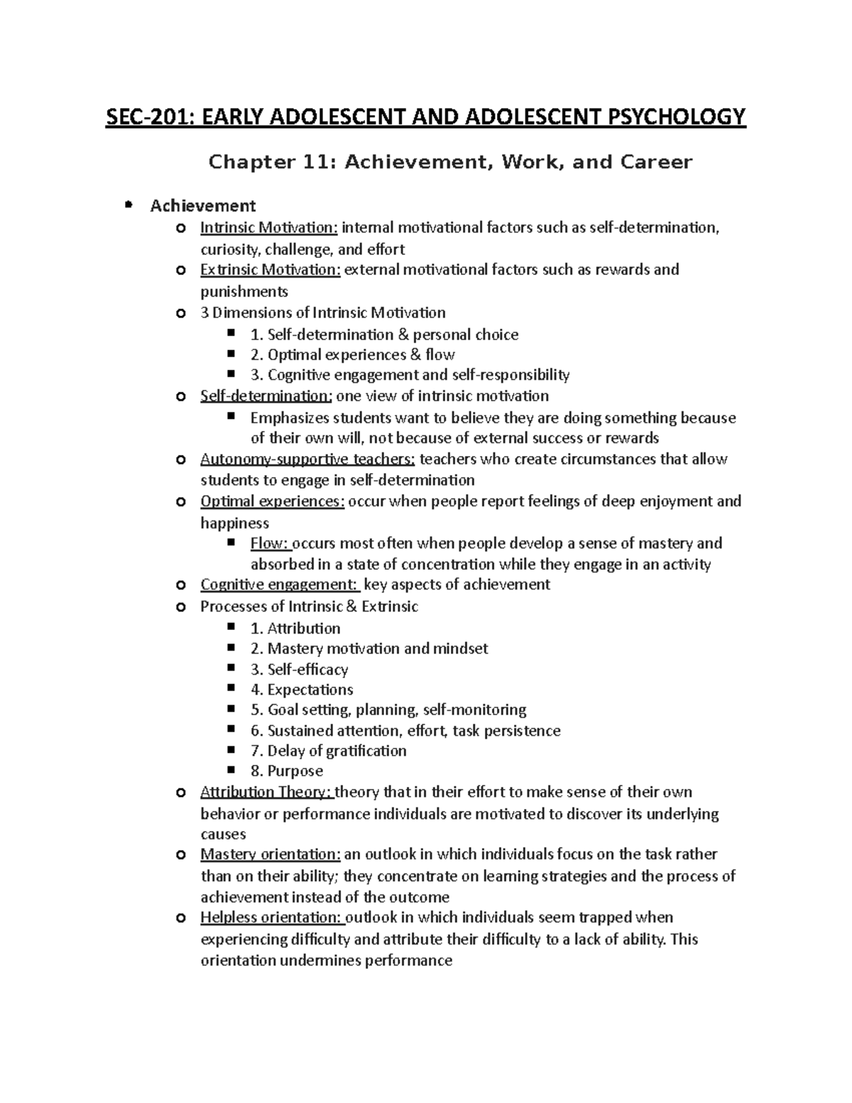 Achievement - notes - SEC-201: EARLY ADOLESCENT AND ADOLESCENT ...