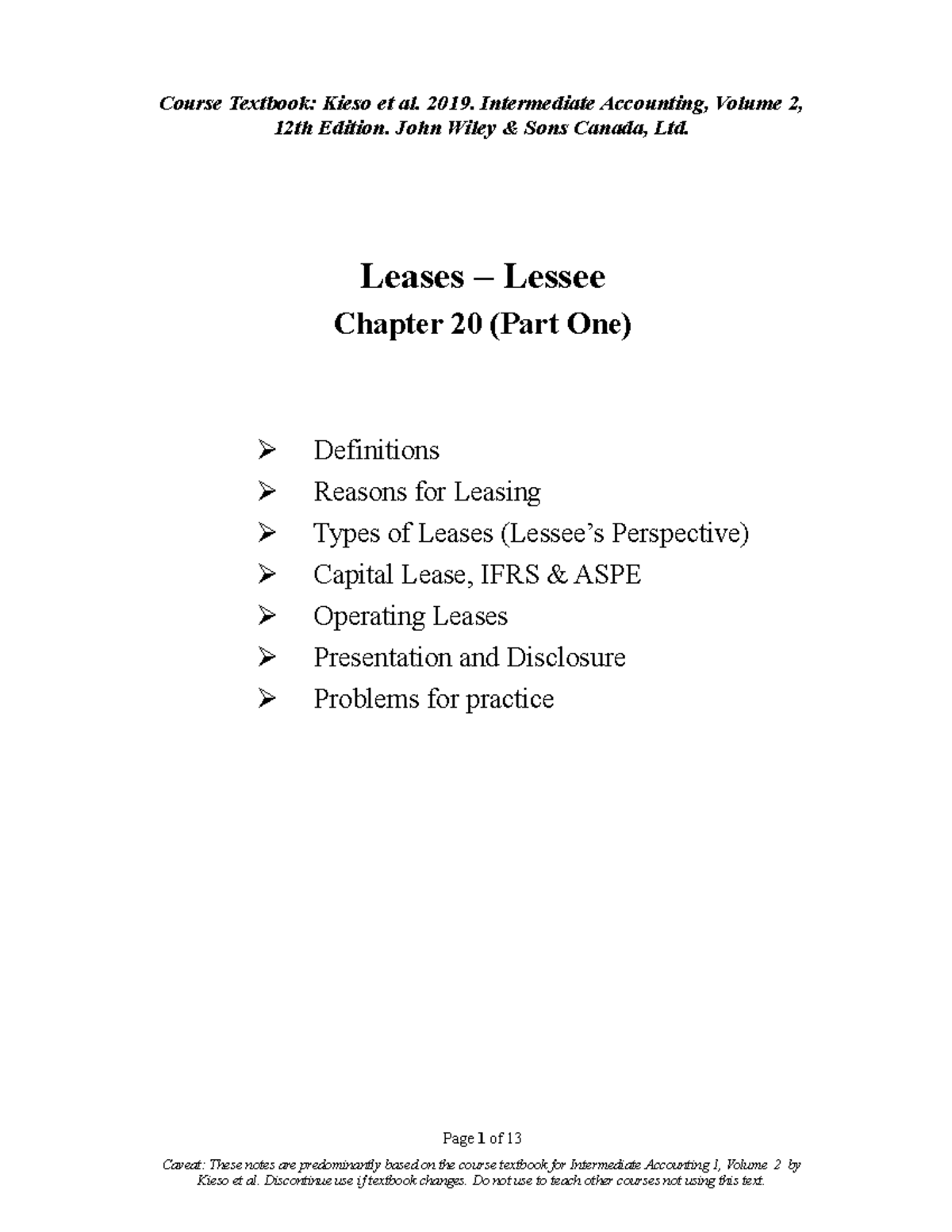 Ch 20A - Leases - Lessee - Course Textbook: Kieso et al. 2019 ...