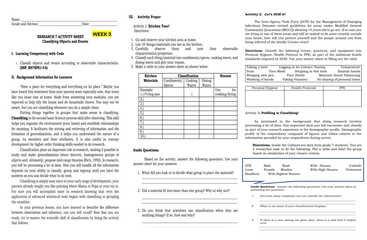 WEEK 5- Activity Sheet Research 7 Q1 - Activity 2: DOH it! Name ...