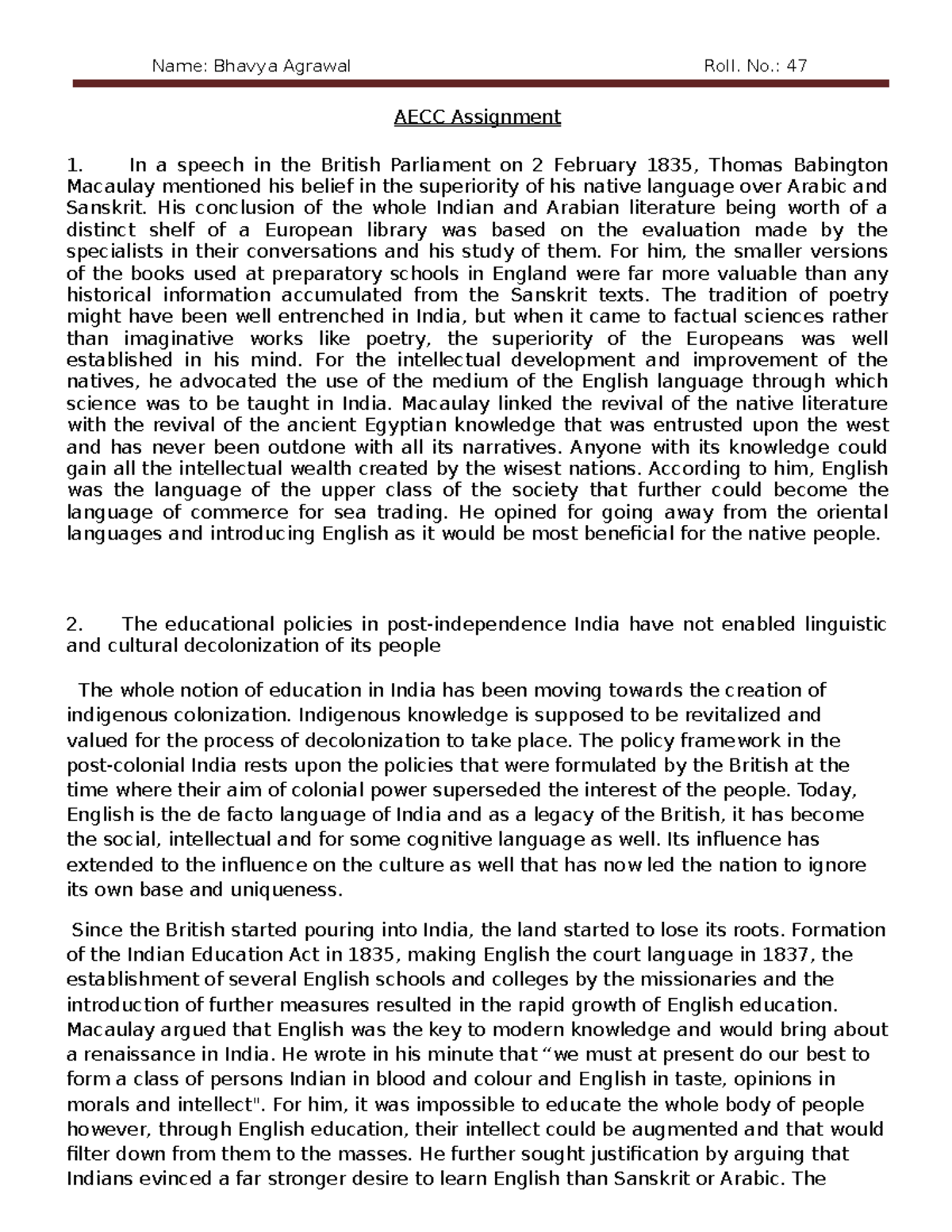 AECC Assignment by Bhavya Agrawal - Name: Bhavya Agrawal Roll. No.: 47 AECC Assignment In a ...