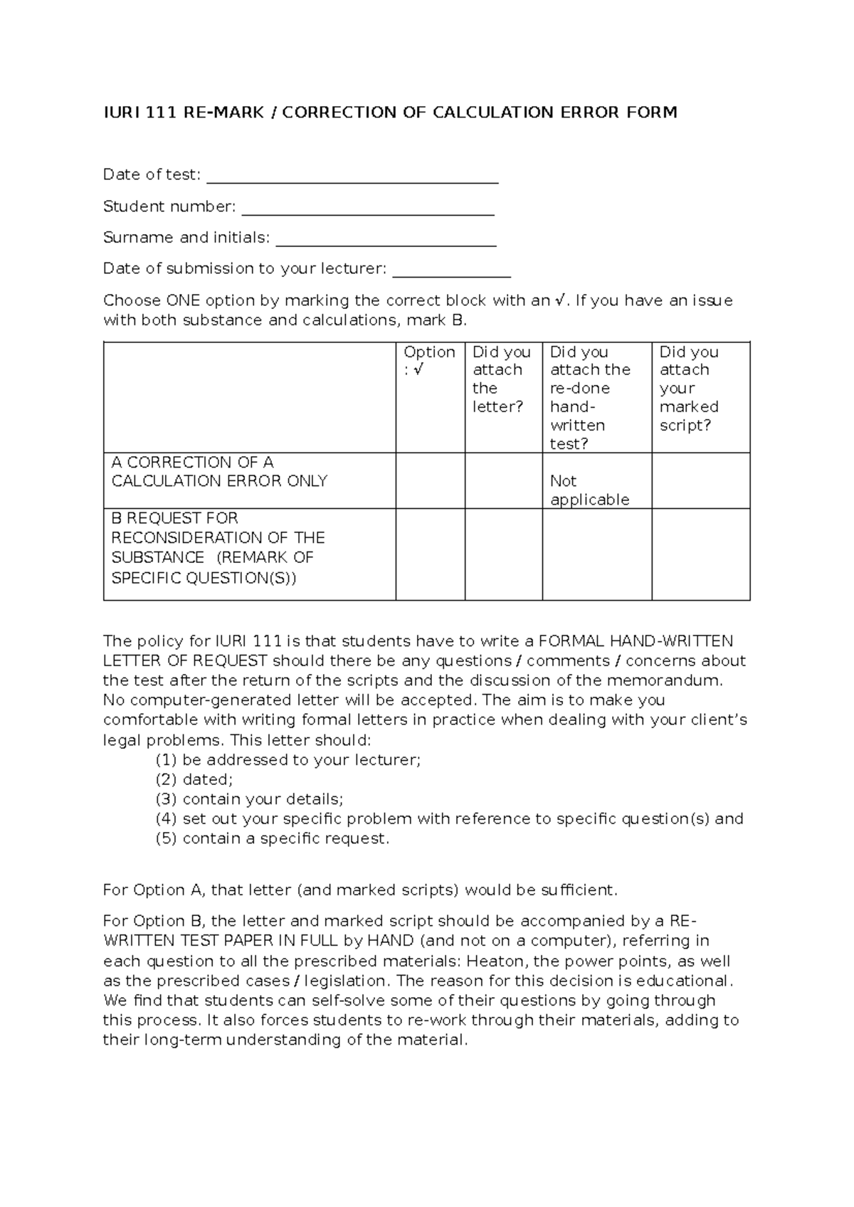 Remark form docu - IURI 111 RE-MARK / CORRECTION OF CALCULATION ERROR ...