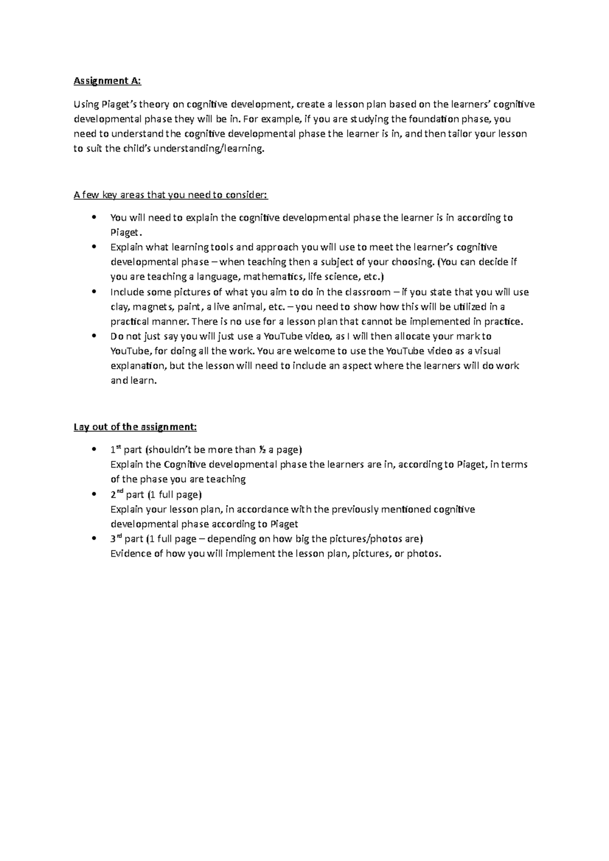 Assignment A Taak A 8 - Assignment A: Using Piaget’s theory on ...