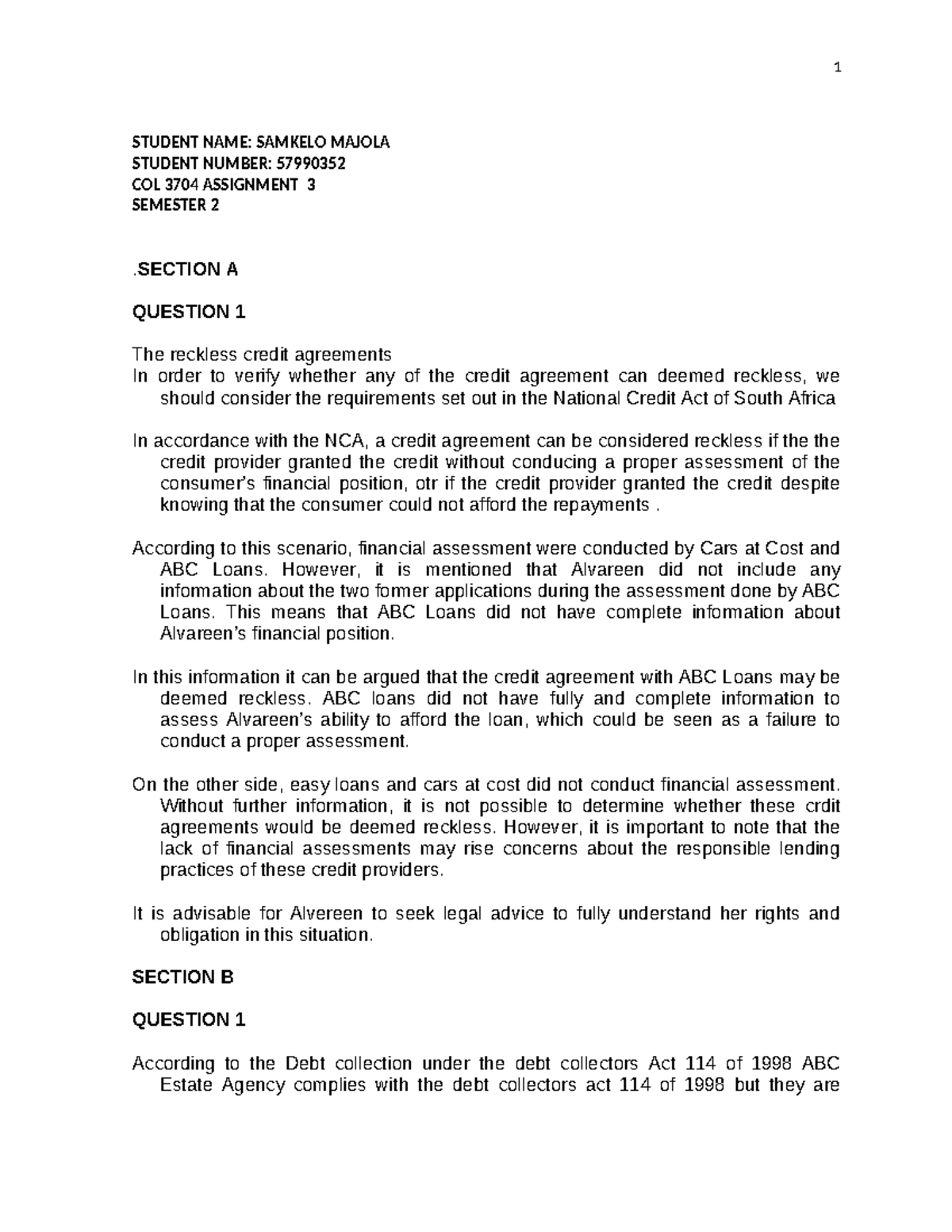 Col3704 - STUDENT NAME: SAMKELO MAJOLA STUDENT NUMBER: 57990352 COL 3704 ASSIGNMENT 3 SEMESTER 2 ...