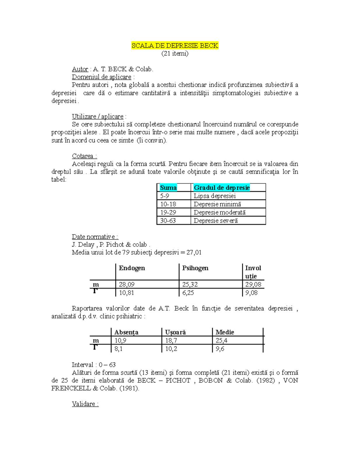 55034041 Scala de Depresie Beck - SCALA DE DEPRESIE BECK (21 itemi ...