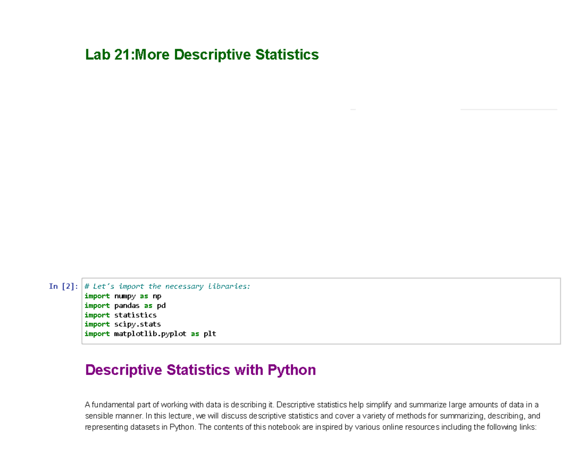 Lab21 - Jupyter Notebook - Lab 21:More Descriptive Statistics GORASIYA, PARTH R Exercise 0 ...